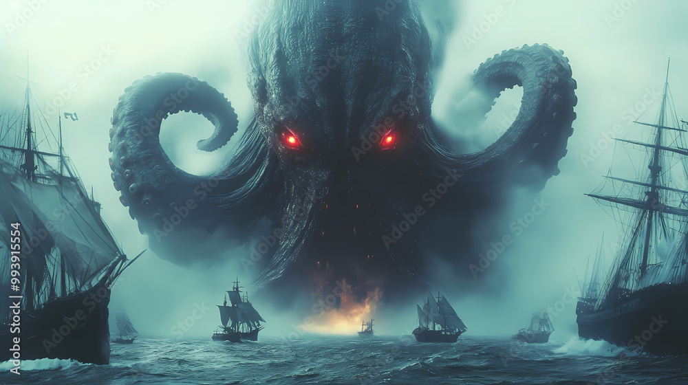 A colossal sea monster, resembling an octopus, with menacing red eyes ...