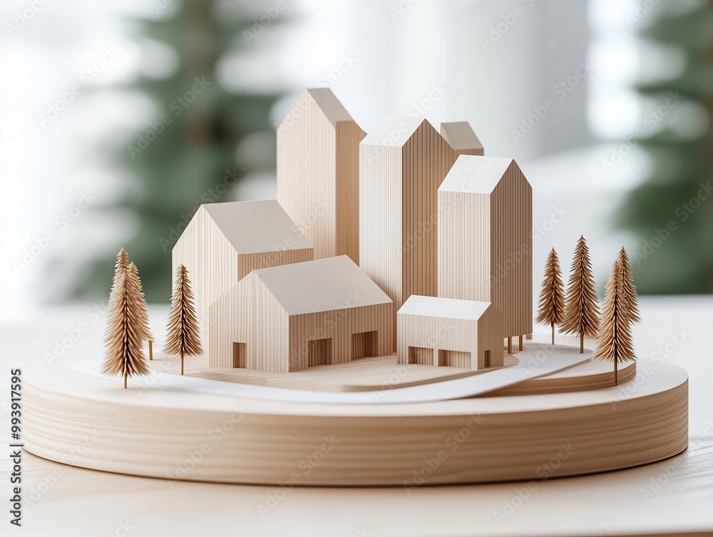 Mixed-use 3D building model in wood and white, featuring complex ...