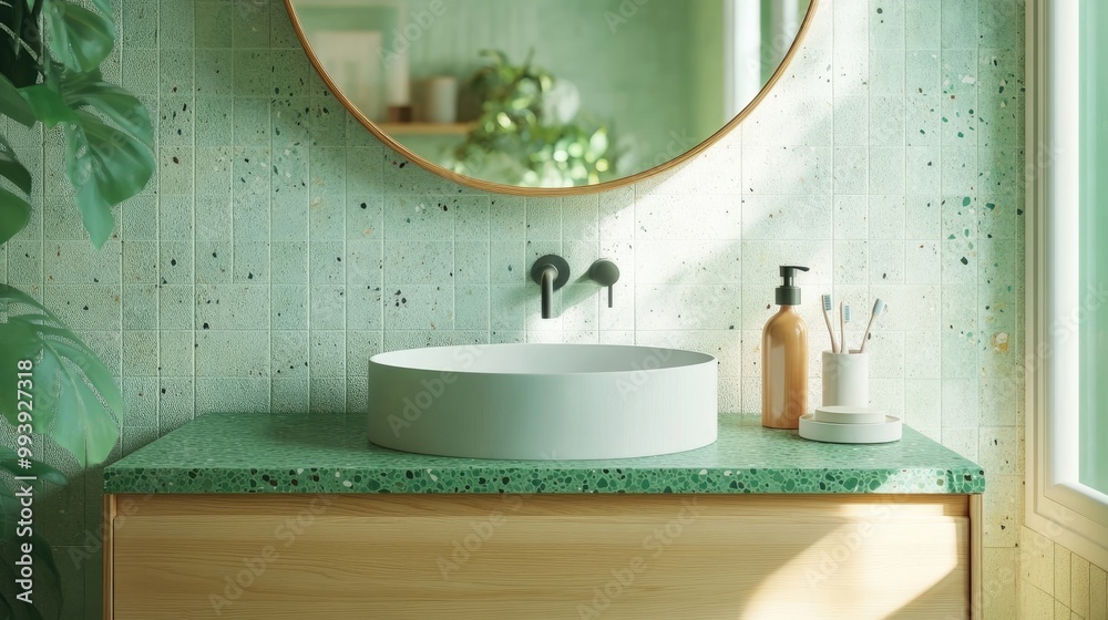 White ceramic round vessel sink on green terrazzo counter Wooden vanity ...