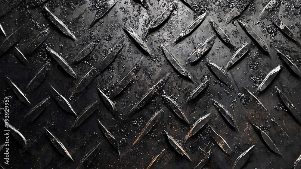 Dark and grungy metal plate with a diamond pattern is showing signs ...