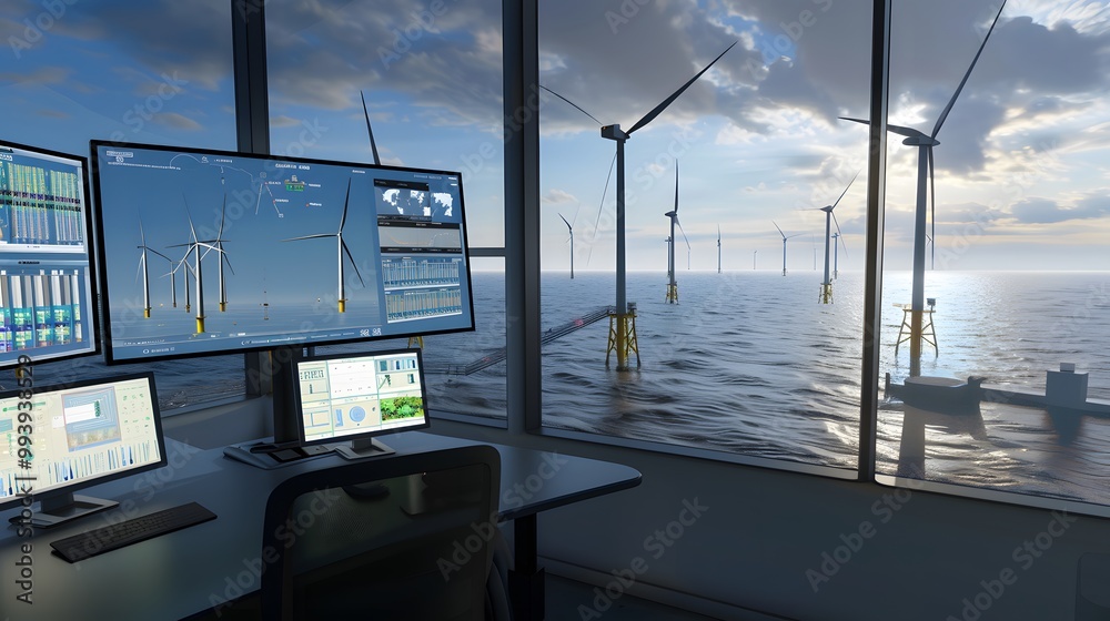 Show a wind farm being monitored by a SCADA system, collecting real ...