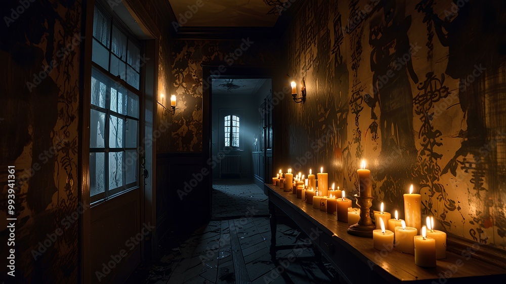 Flickering candles illuminate a spooky, narrow hallway with peeling ...