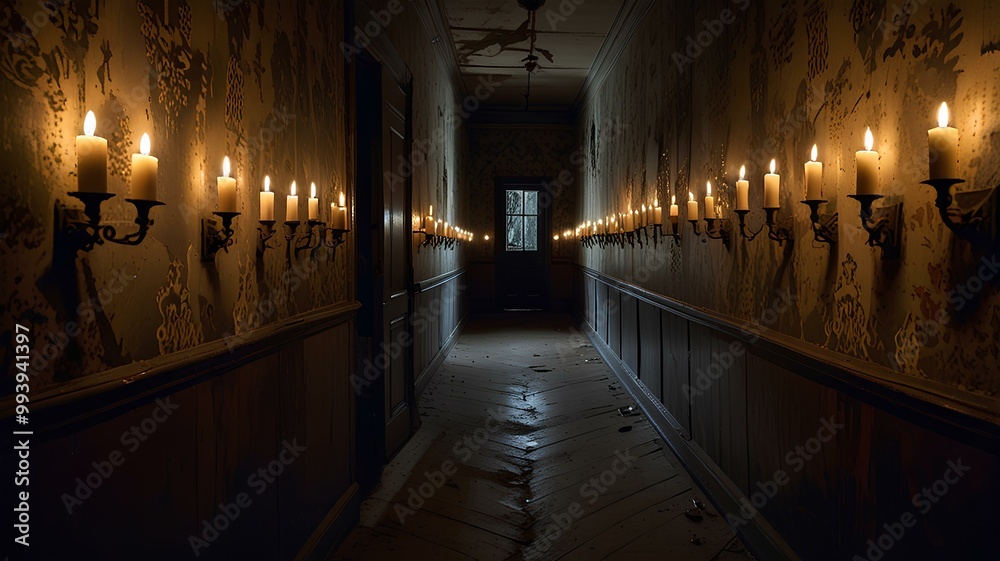 Flickering candles illuminate a spooky, narrow hallway with peeling ...
