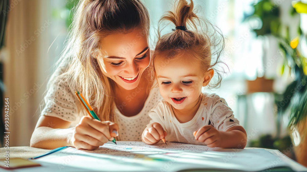 Mother and daughter are having fun while drawing at home. Happy mom ...