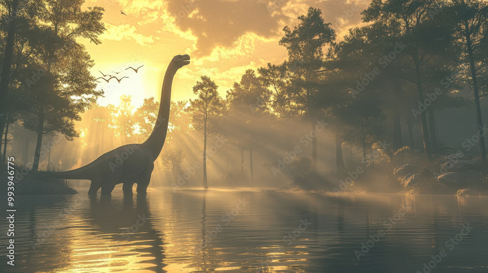 A massive brachiosaurus standing in the middle of a tranquil river at ...