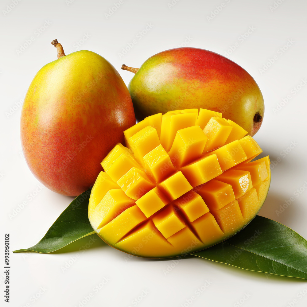 Fresh ripe mangoes and sliced mango on white background Stock Photo ...