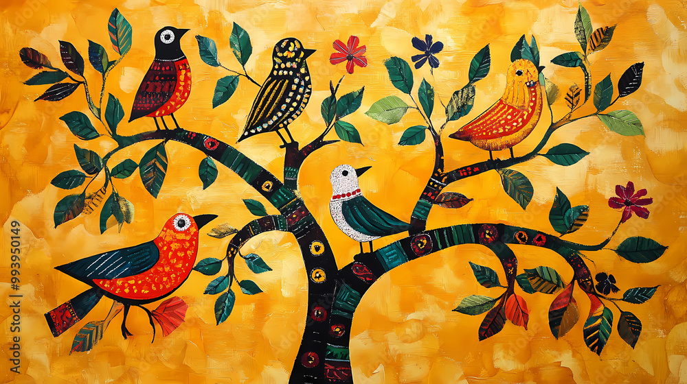 Brightly colored traditional gond folk art from india of birds in a ...