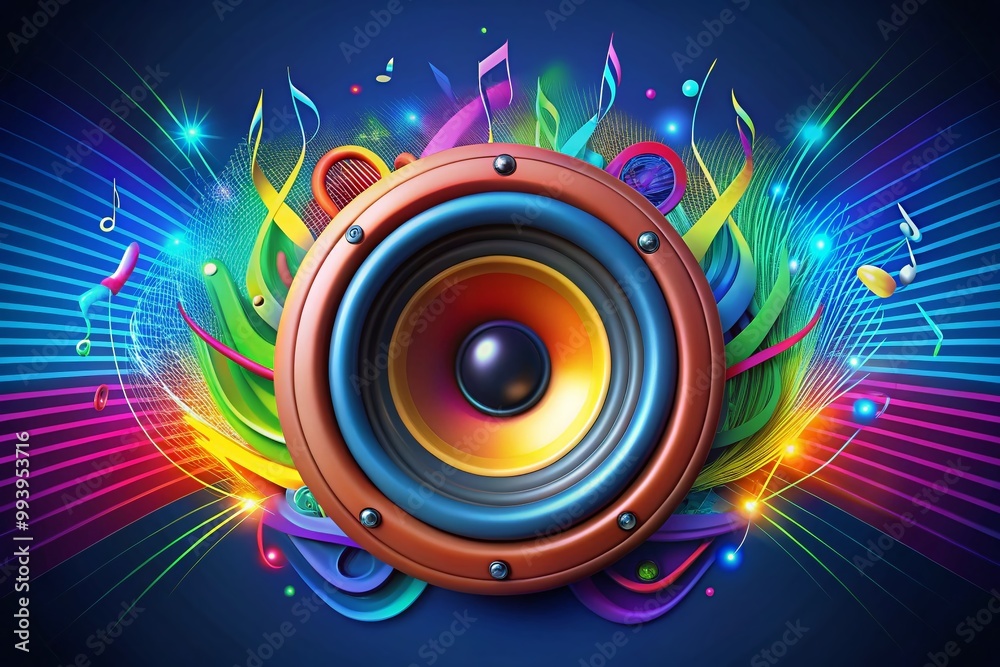 Colorful Cartoon Speaker with Sound Waves and Musical Notes ...