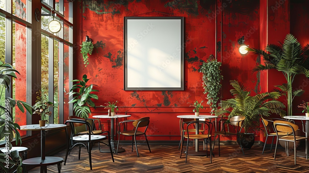 A modern cafe interior with a blank poster on the wall, stylish ...