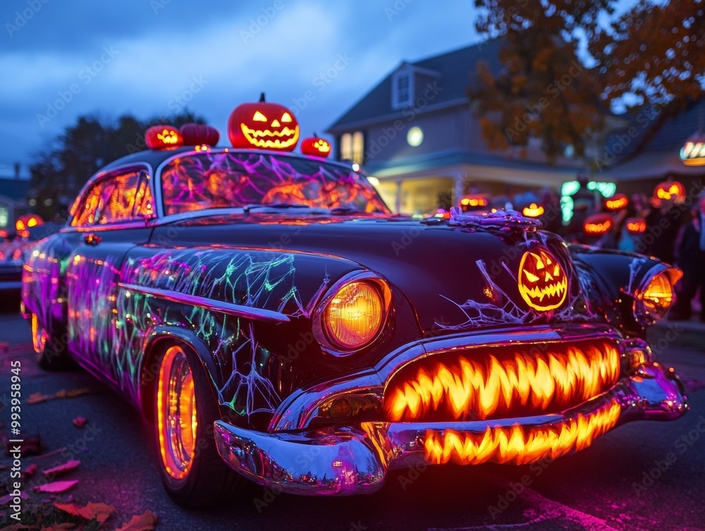 Spooky Halloween-themed vintage car show in an American town eerie ...