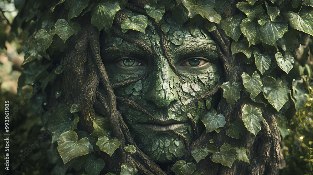 Green man face in entwined forest setting - an entwined face of a green ...