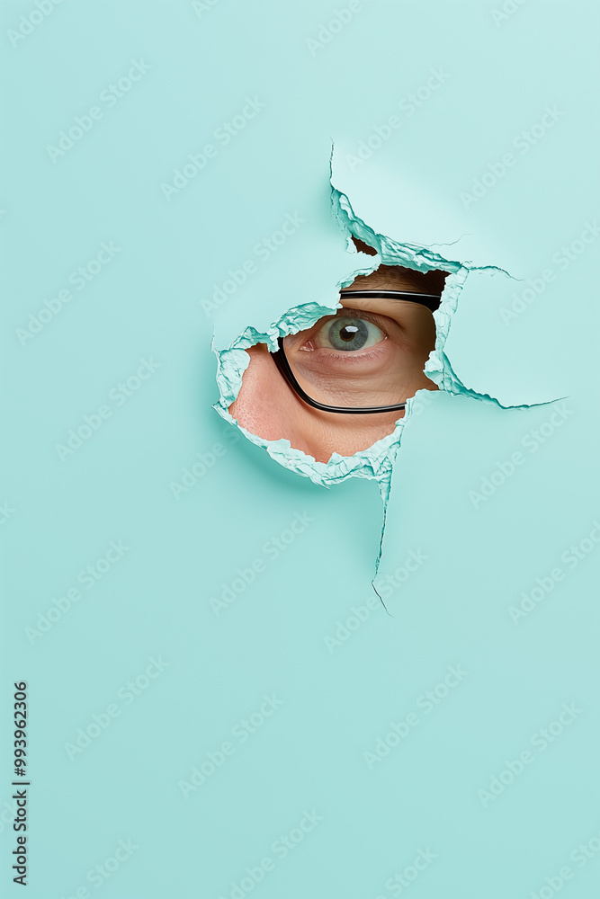Eye of young curious man wearing glasses peeks through a torn pastel ...
