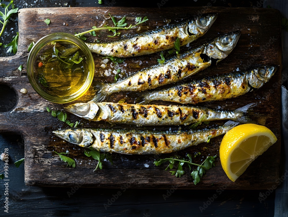 Grilled sardines served with lemon and olive oil on a rustic board ...