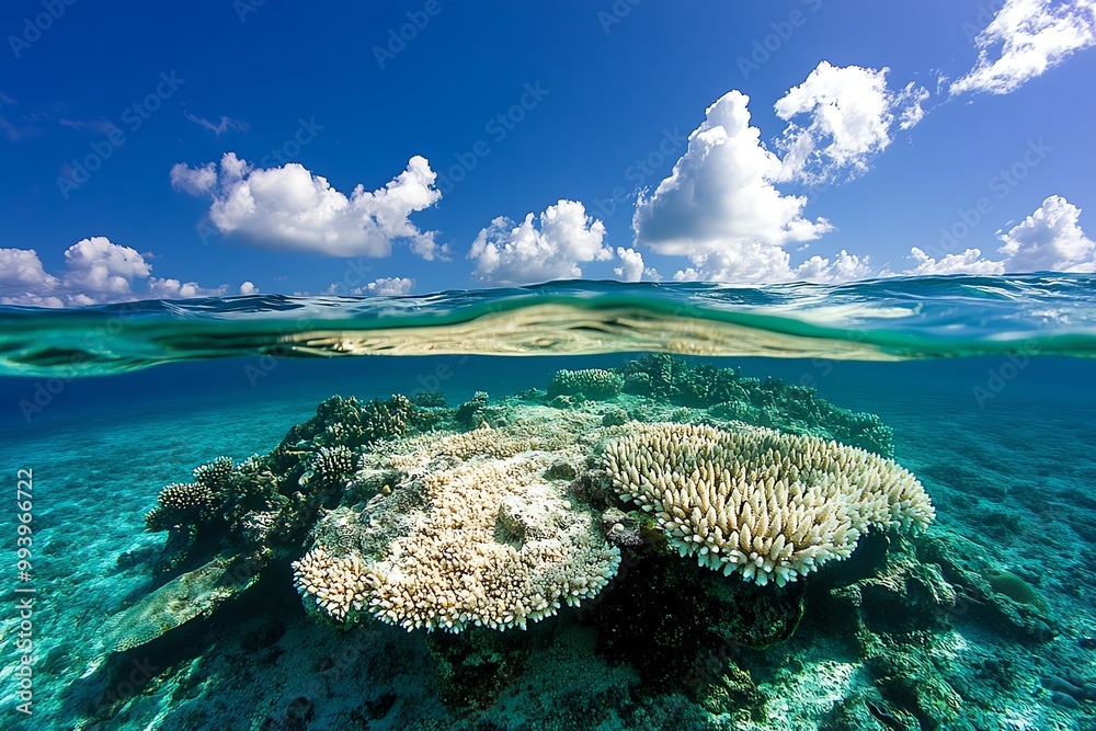 A dying coral reef, affected by bleaching and pollution, showing the ...