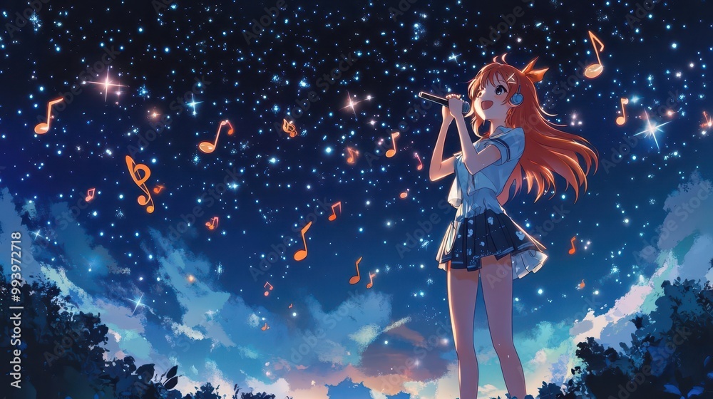 Anime Singer on Stage Under the Stars A dynamic anime girl holding a ...