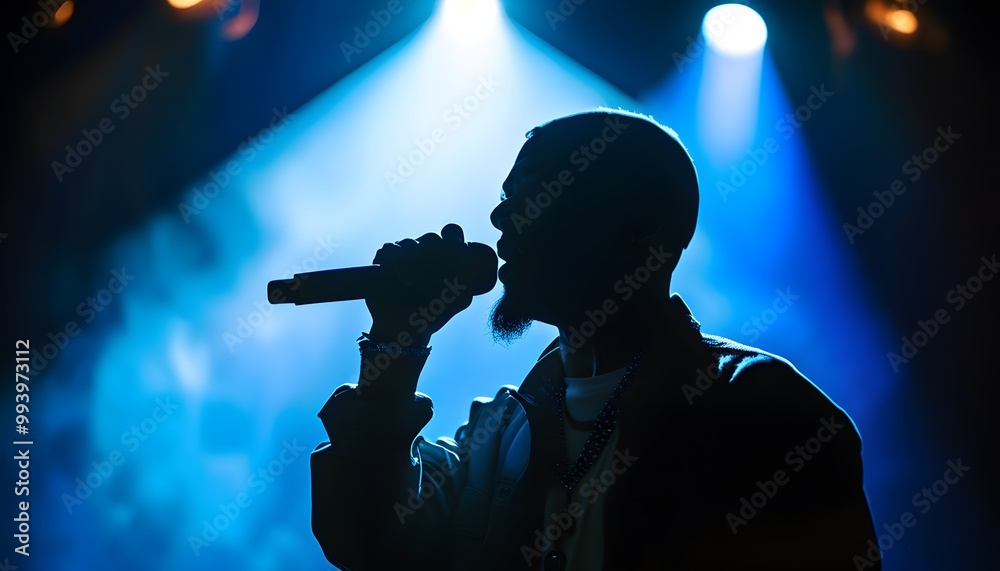 Dynamic silhouette of rapper performing on stage under blue spotlights ...