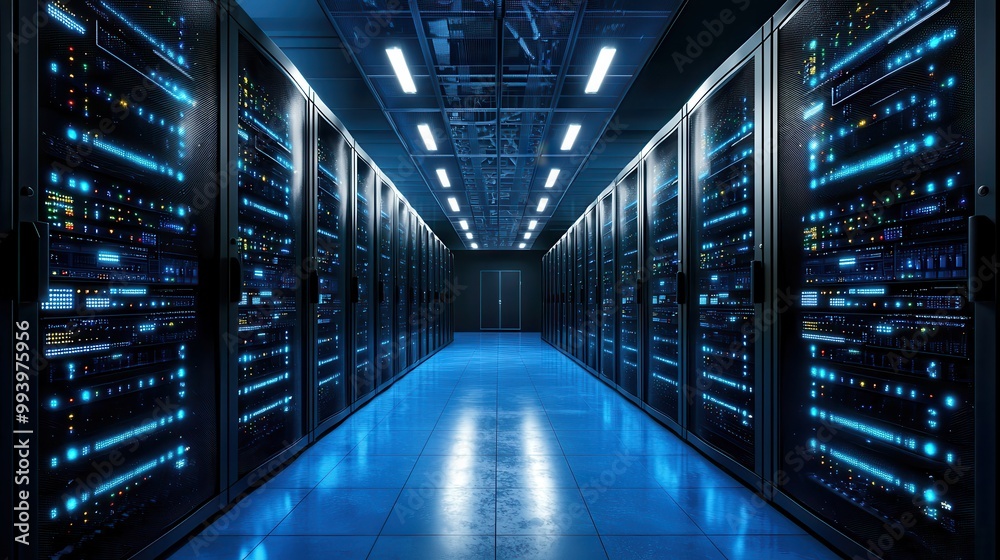 Data center corridor with illuminated server racks and blue lighting ...