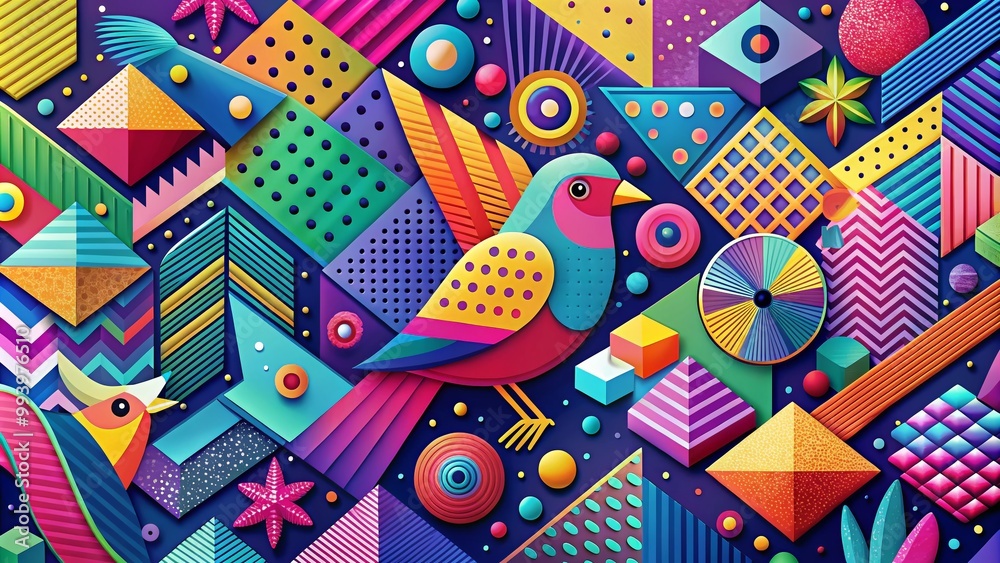 Colorful Retro 90s Abstract Background with Geometric Shapes and Bold ...