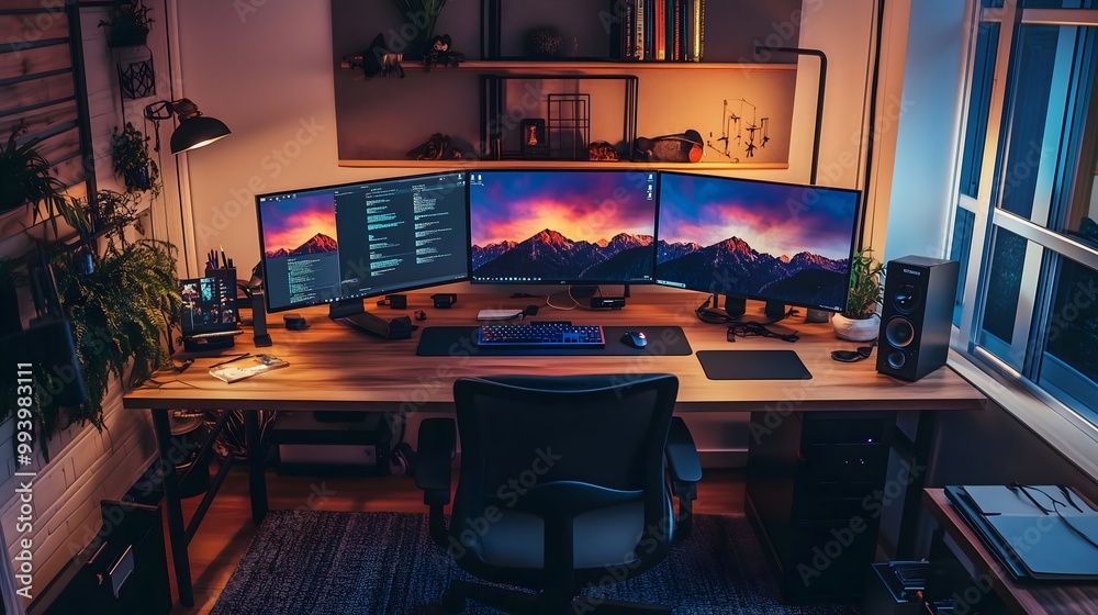 WFH setup featuring dual monitors, ergonomic chair, and sleek desk with ...