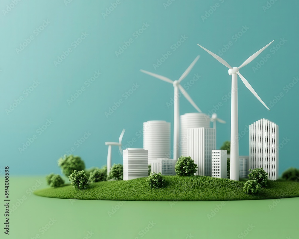 Urban cityscape with energy-efficient high-rise buildings, green spaces ...