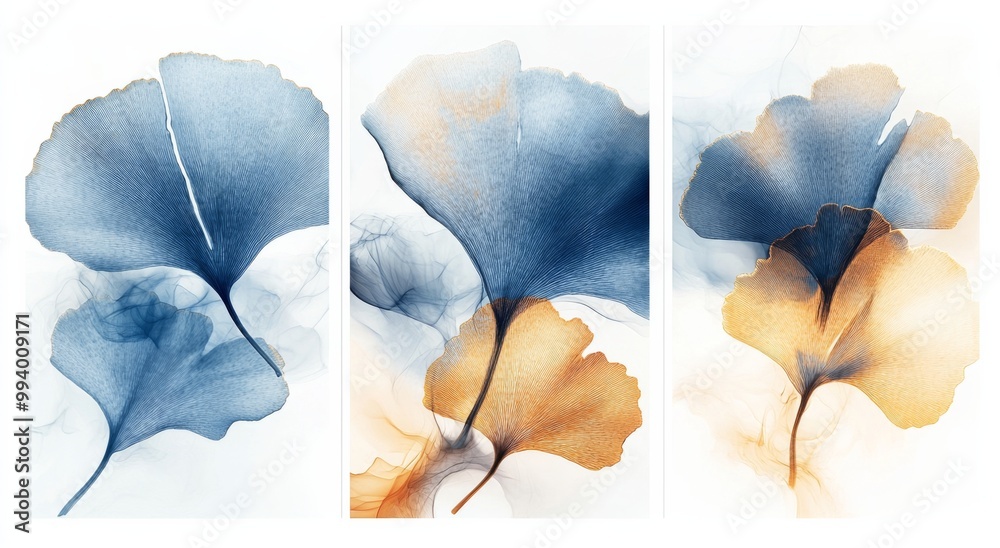 Three pieces of art, featuring a simple and elegant ginkgo leaf design ...