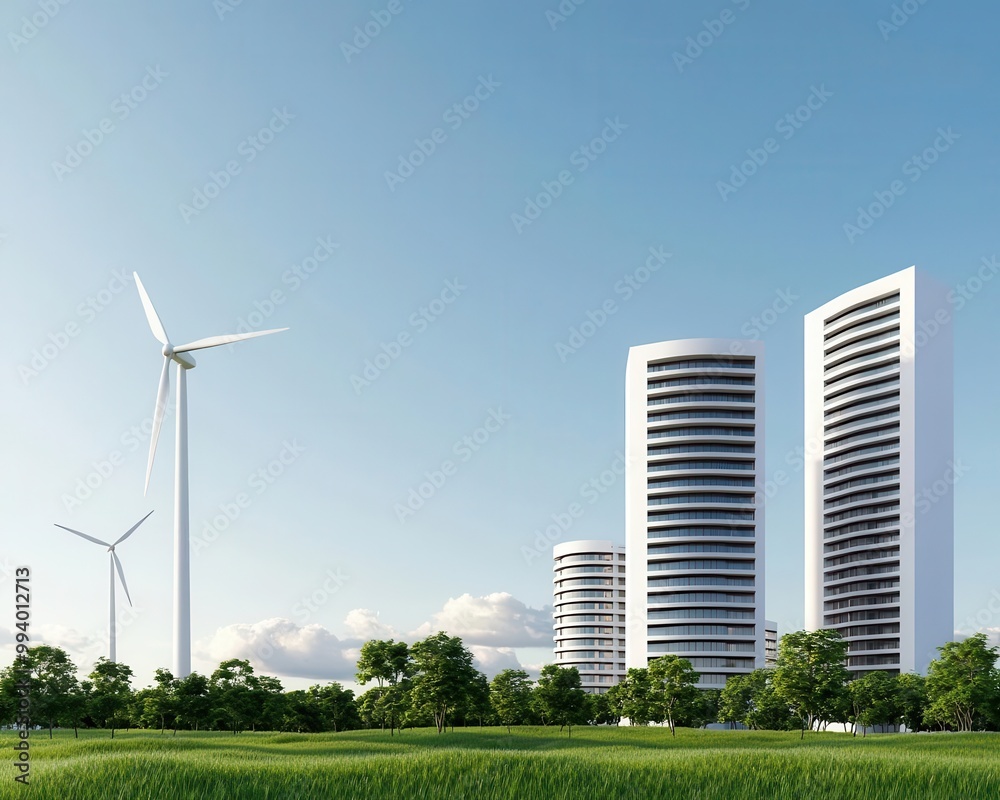 Urban cityscape with energy-efficient high-rise buildings, green spaces ...