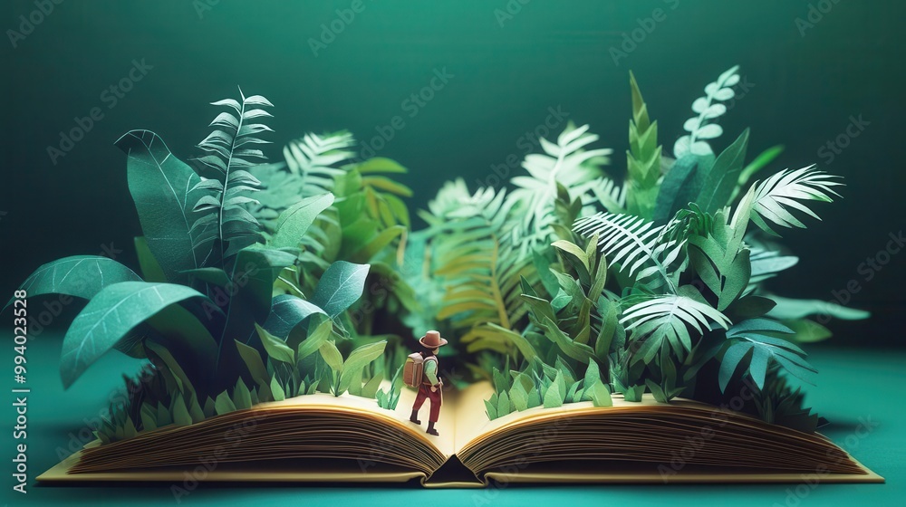 magical popup book scene lush jungle emerging from pages intricate ...