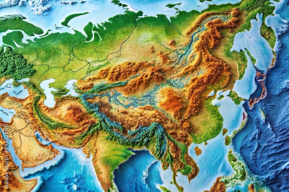 Detailed Asia Physical Map Showing Topography, Mountains, Rivers, and ...