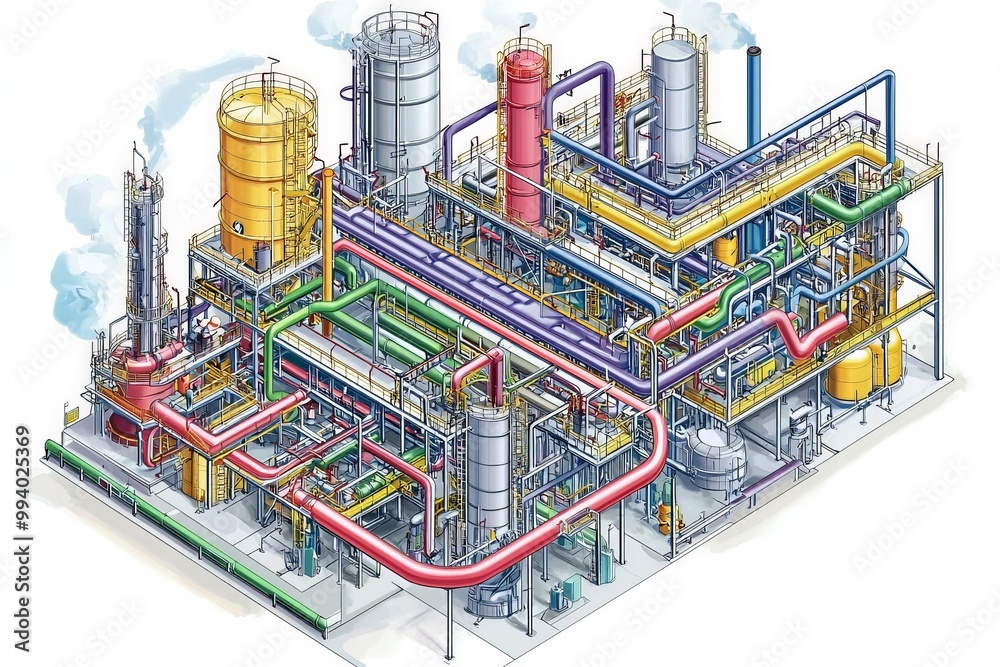 A cross-section diagram of a complex piping system in a refinery ...