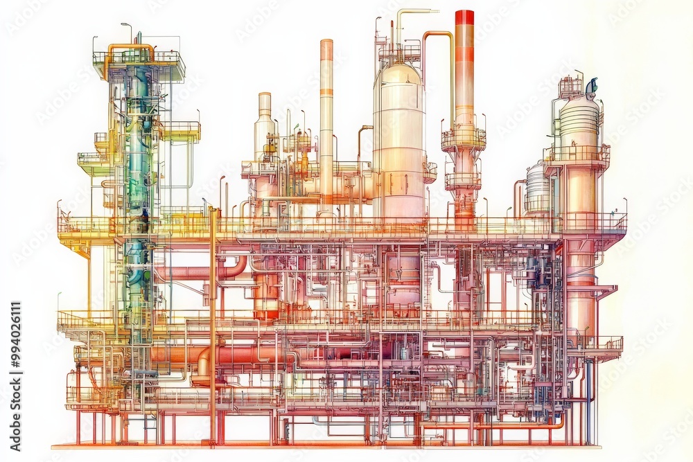 A cross-section diagram of a complex piping system in a refinery ...