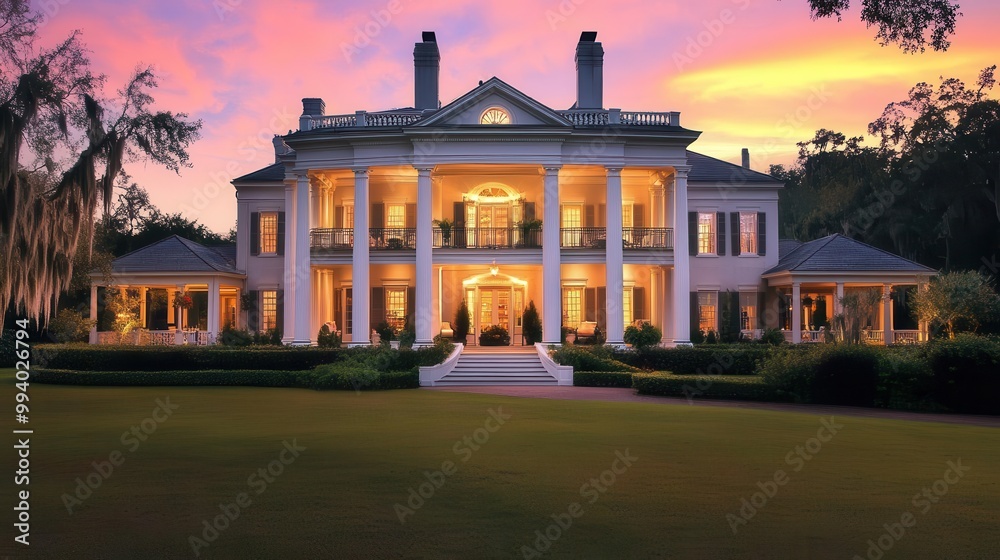 majestic colonialstyle mansion bathed in warm sunset light elegant ...
