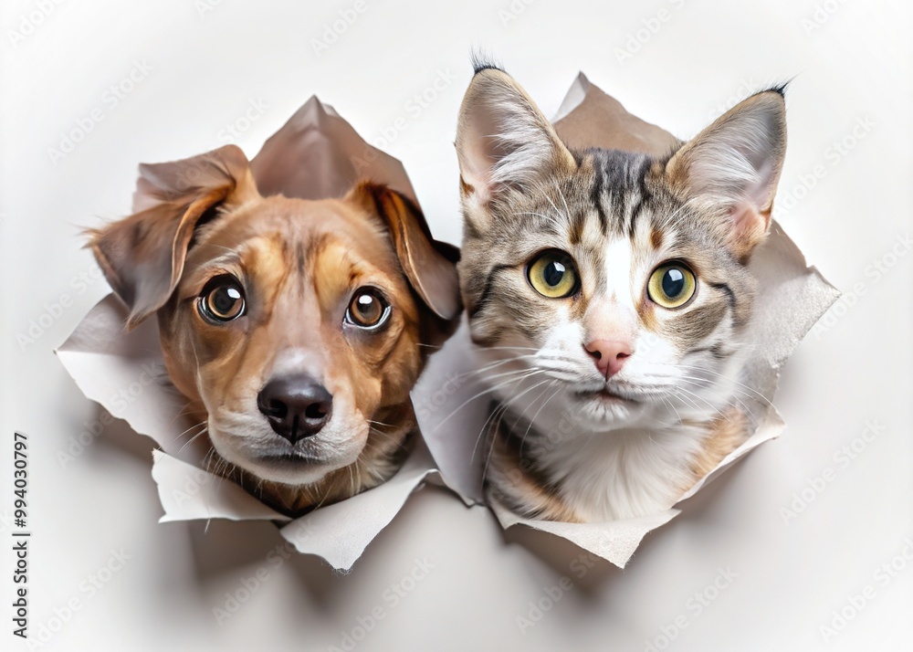 Adorable cat and curious dog peer out from opposite sides of a torn ...