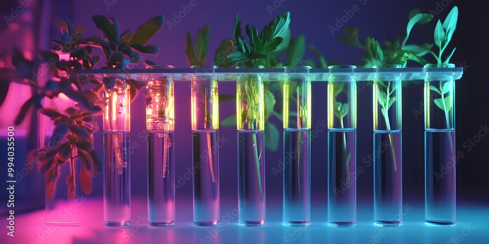 Test tubes with plants under colored lights symbolize molecular biology ...