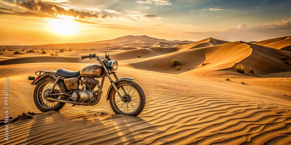 Aged motorcycle, worn and rusty, stands alone in the vast, sandy dunes ...