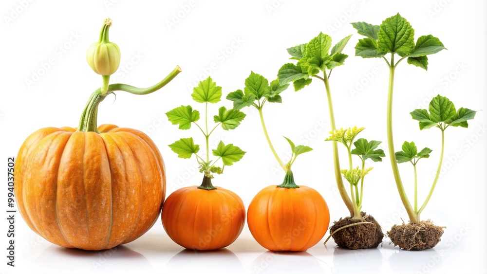Sequence of pumpkin plant growth stages isolated on white background ...