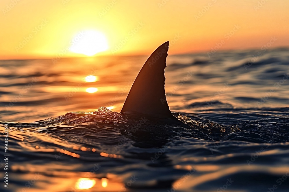 Shark fin is surfacing as the sun sets, casting a golden glow on the ...