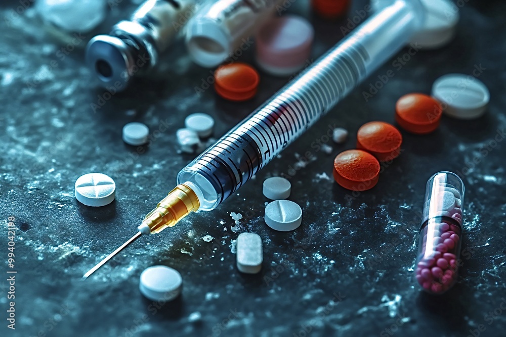 Colorful pills and syringe on dark table show drug addiction risks ...