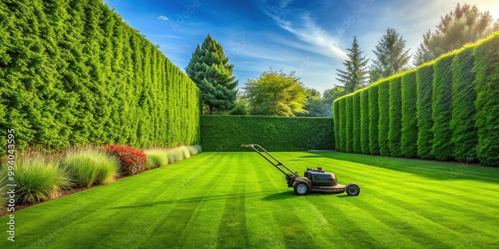 Vibrant green grass neatly cut by a lawn mower, perfectly framing a ...