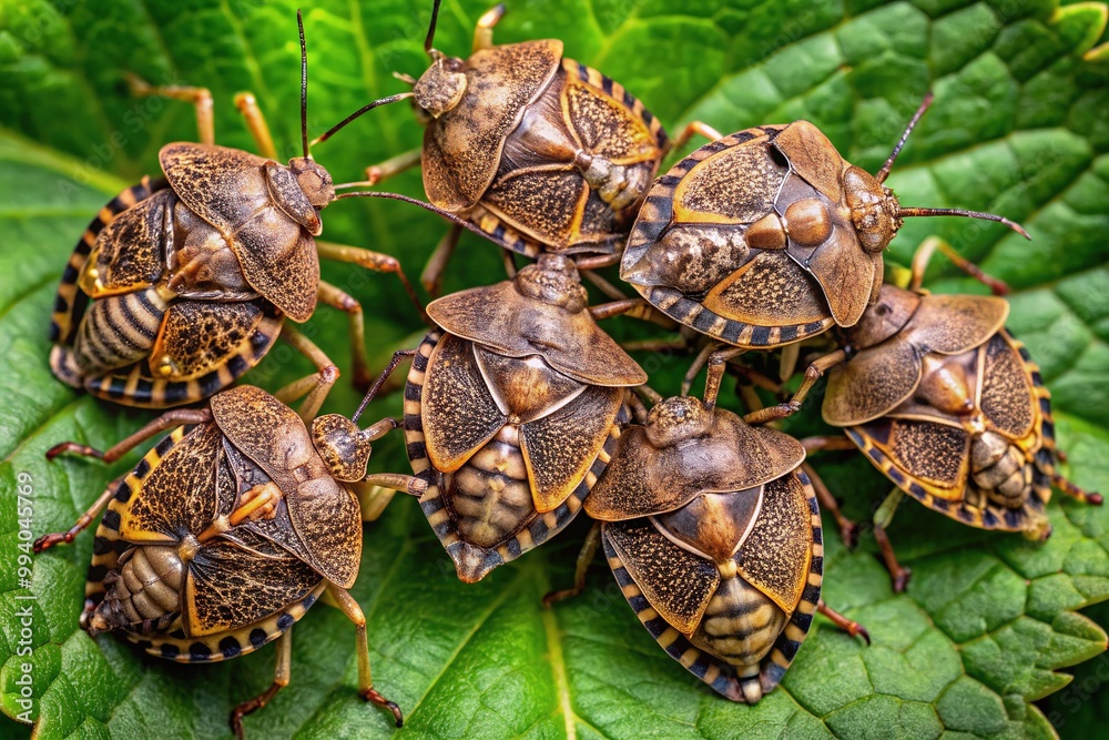 A cluster of brown marmorated stink bugs congregates on a green leaf ...