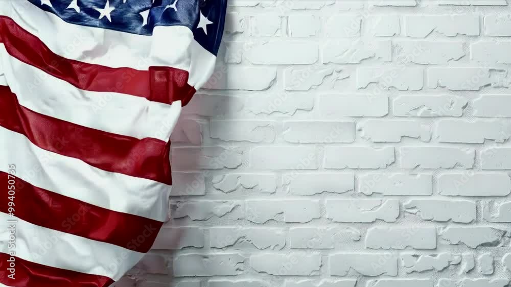 USA waving flag texture animation on white brick wall background with ...