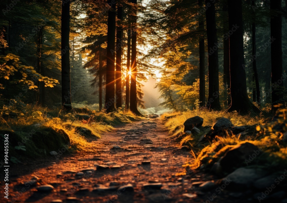 Sun rays filter through trees along a winding forest path during golden ...