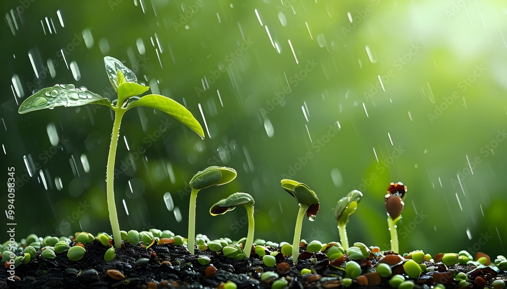Emergence of Life: Seedlings and Buds Thriving Under Spring Rain in ...