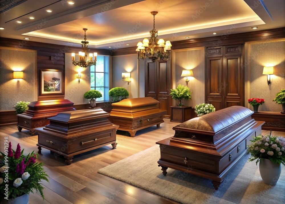 Elegant and Luxurious Coffins Displayed in a High-End Funeral Home ...