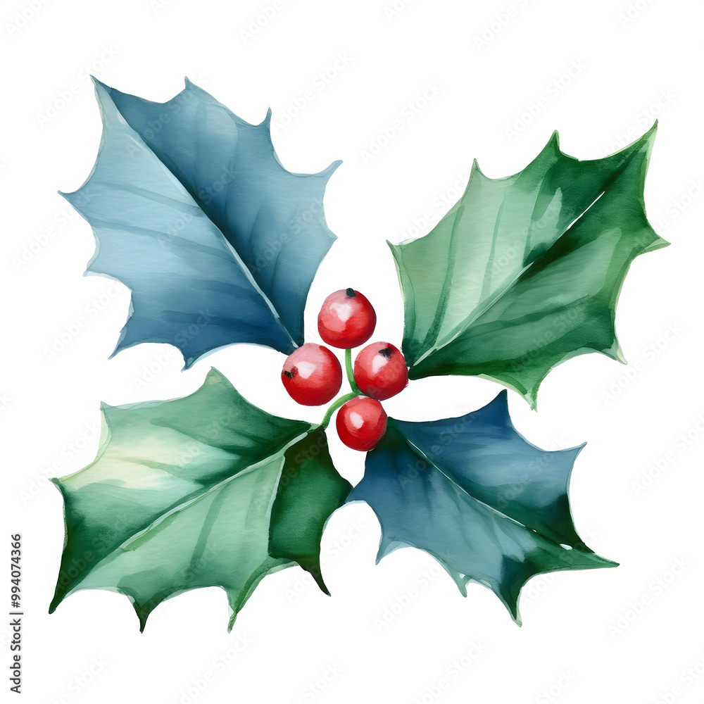 Christmas-red color themed watercolor cute clipart hand drawing, Holly ...