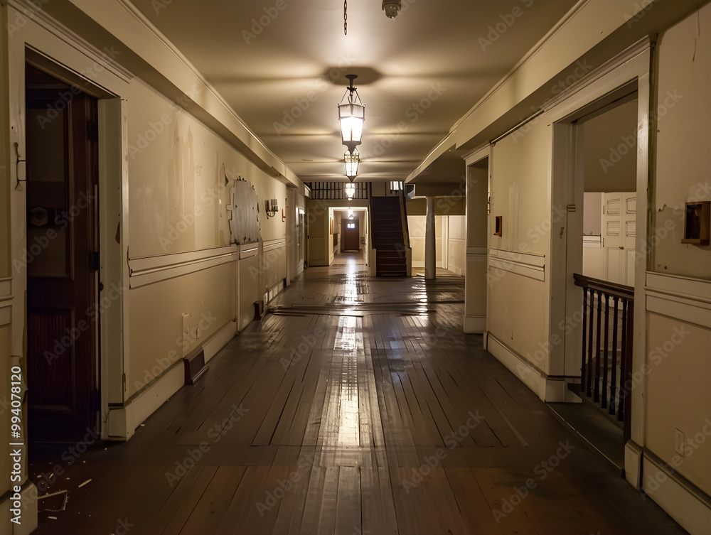 Mysterious hotel with dim lighting and eerie atmosphere, featuring ...