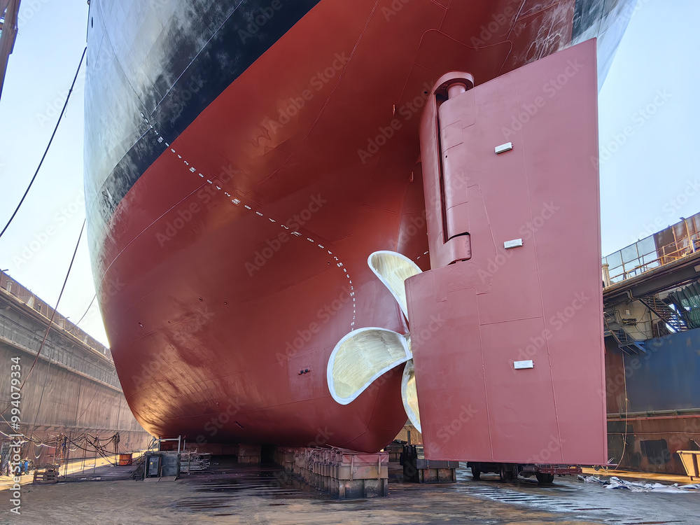 The rear end and propeller of a huge seagoing vessel in dry dock ...
