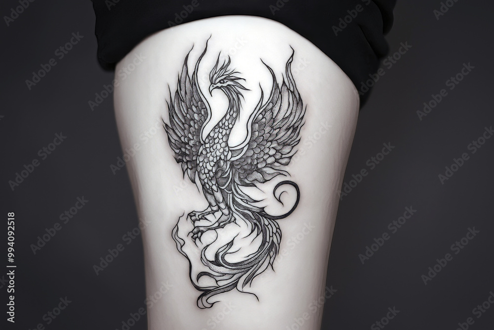 Tribal tattoo of a phoenix rising from flames, black ink with bold ...