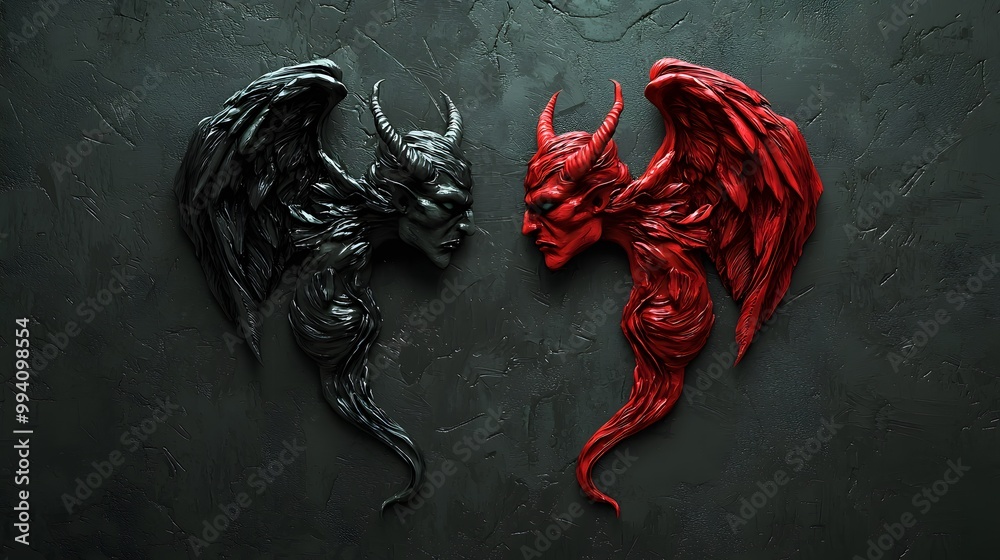 Stylized black and red demon sculptures with intricate details on a ...