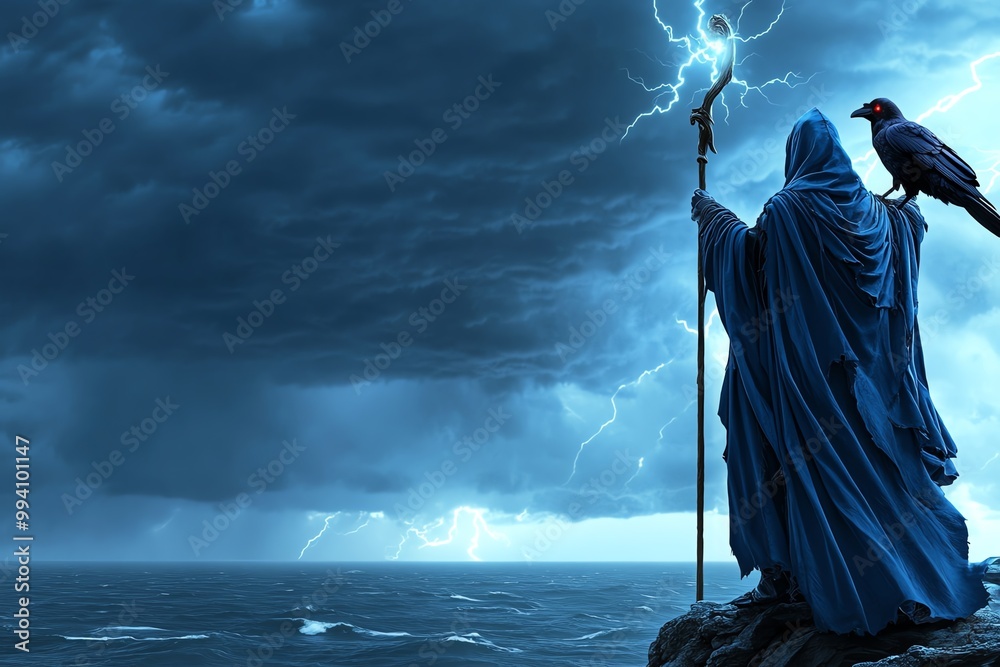 A mysterious witch wearing a midnight blue cloak stands on a cliff ...