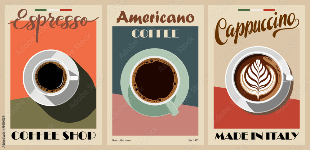 Coffee poster design set in retro mid century modern style. Label ...